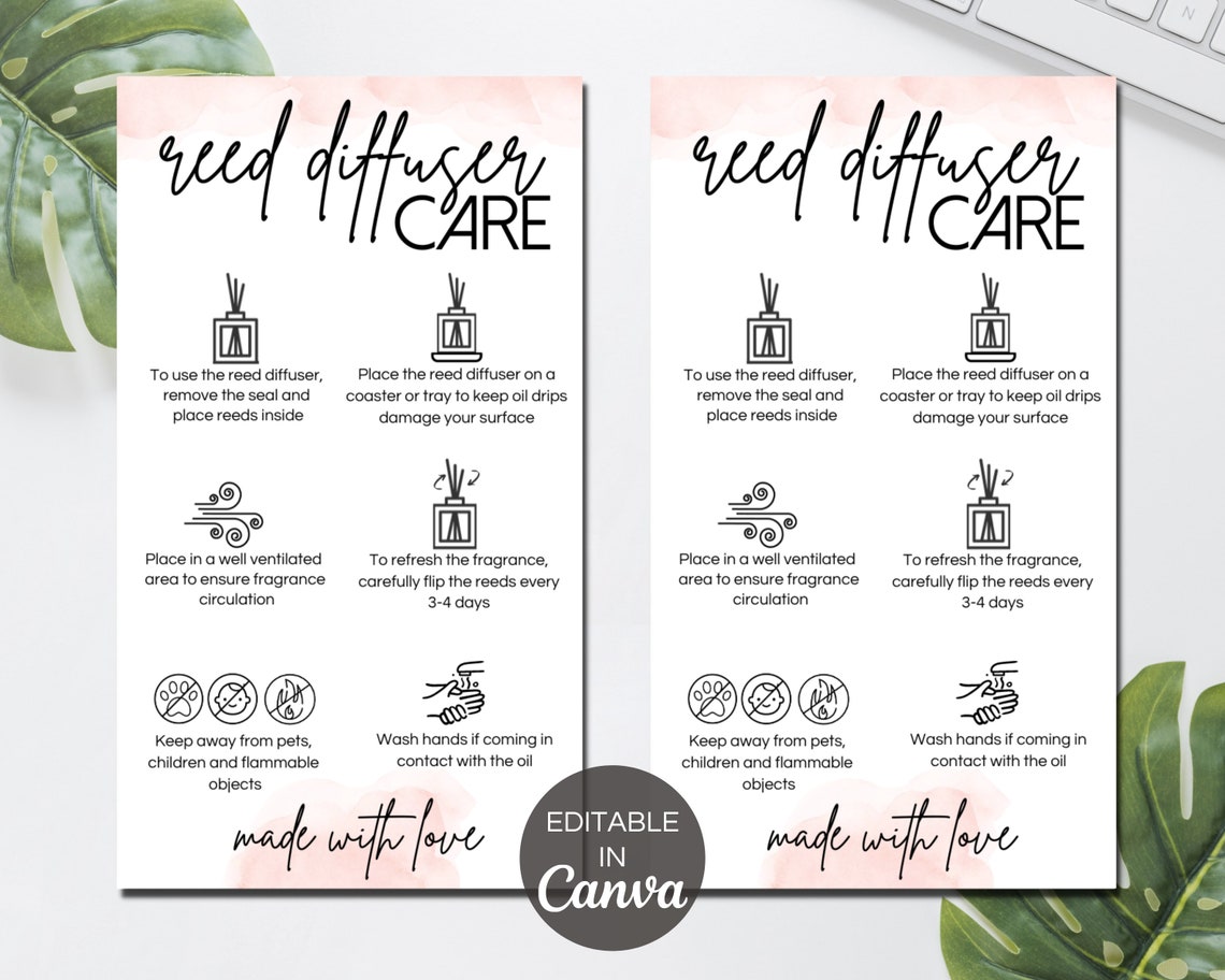 Reed Diffuser Care Card Canva Template Editable Reed Diffuser - Etsy
