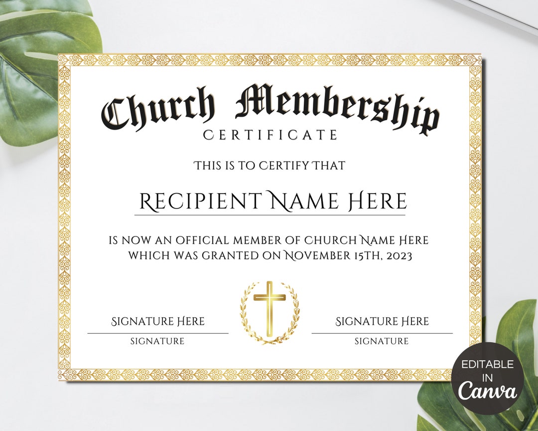 Church Membership Certificate Template, Editable Certificate of ...