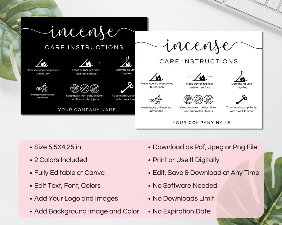 Incense Care Card, Printable Incense Instructions Cards, Editable Canva ...