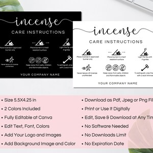 Incense Care Card, Printable Incense Instructions Cards, Editable Canva ...