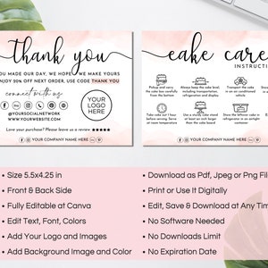 Cake Care Card Template, Cake Business Thank You Cards, Cake Business ...