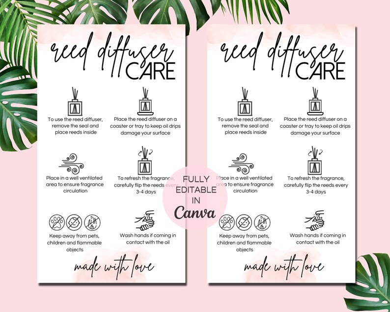 Reed Diffuser Care Card Canva Template Editable Reed Diffuser - Etsy