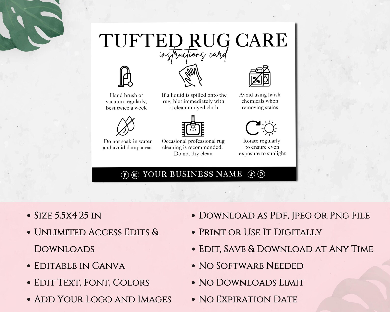 Tufted Rugs Care Card, Printable Tufted Rug Instructions Cards ...