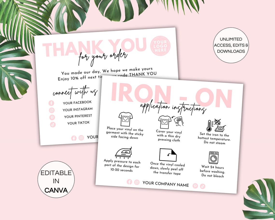 Iron-on Instructions Card, Editable Heat Transfer Vinyl Care Card, HTV ...