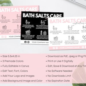 Editable Bath Salts Care Card, Printable Bath Soak Care Guide Template ...