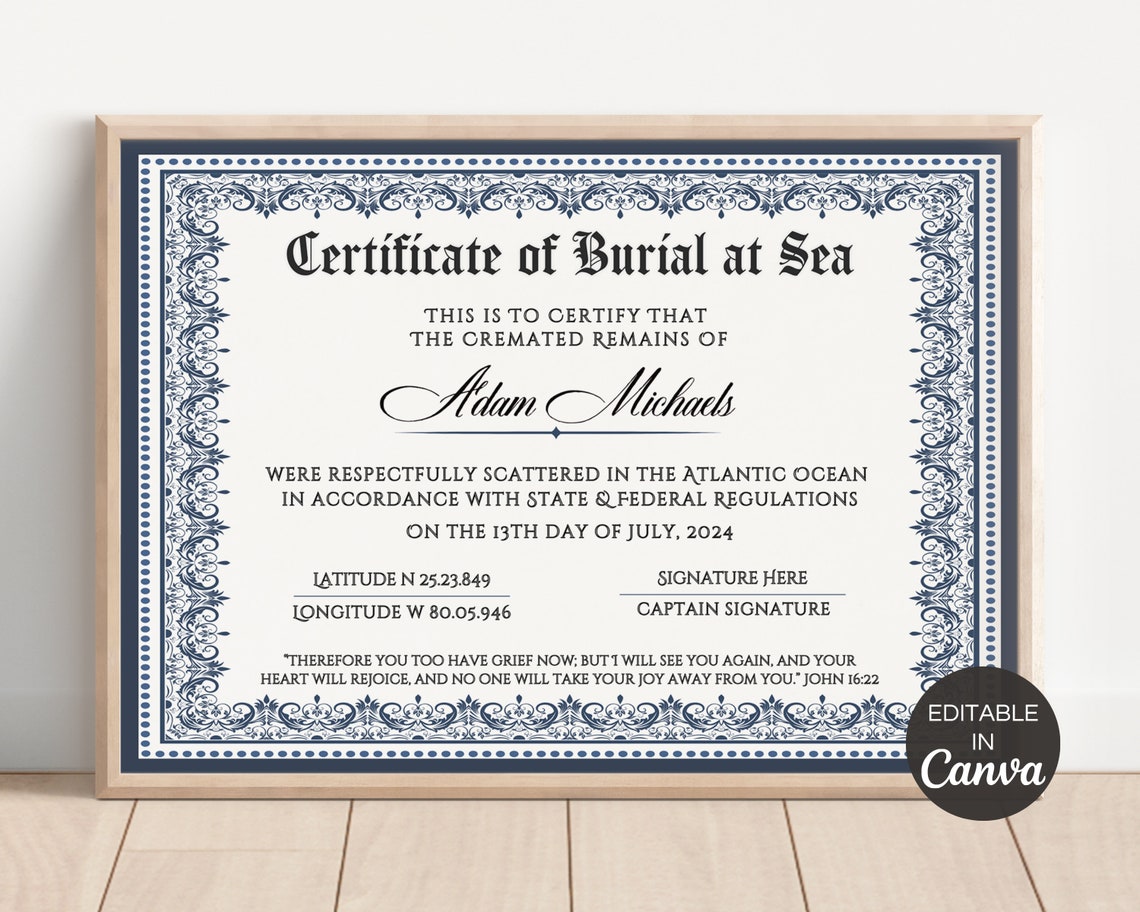 Certificate of Burial at Sea Template, Editable Burial at Sea ...