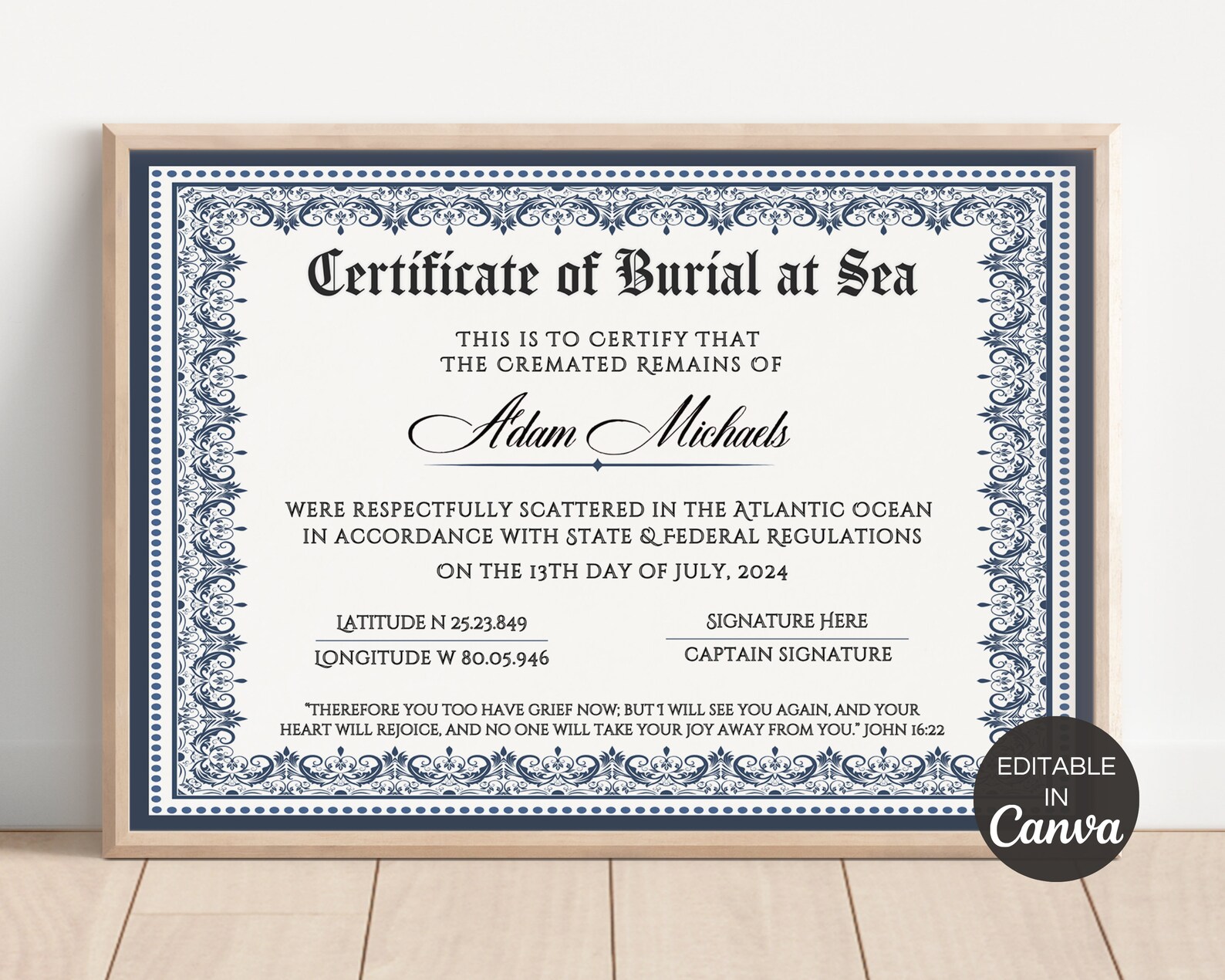 Certificate of Burial at Sea Template, Editable Burial at Sea ...