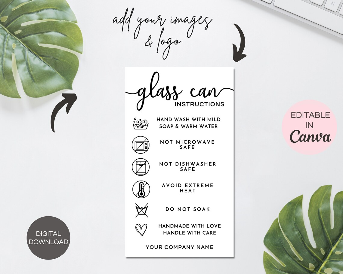 Glass Can Care Card Template, Editable Glass Cup Care Instructions ...