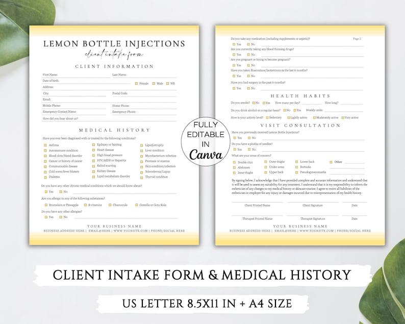 Lemon Bottle Injections Forms Bundle, Editable Fat Dissolving Client ...