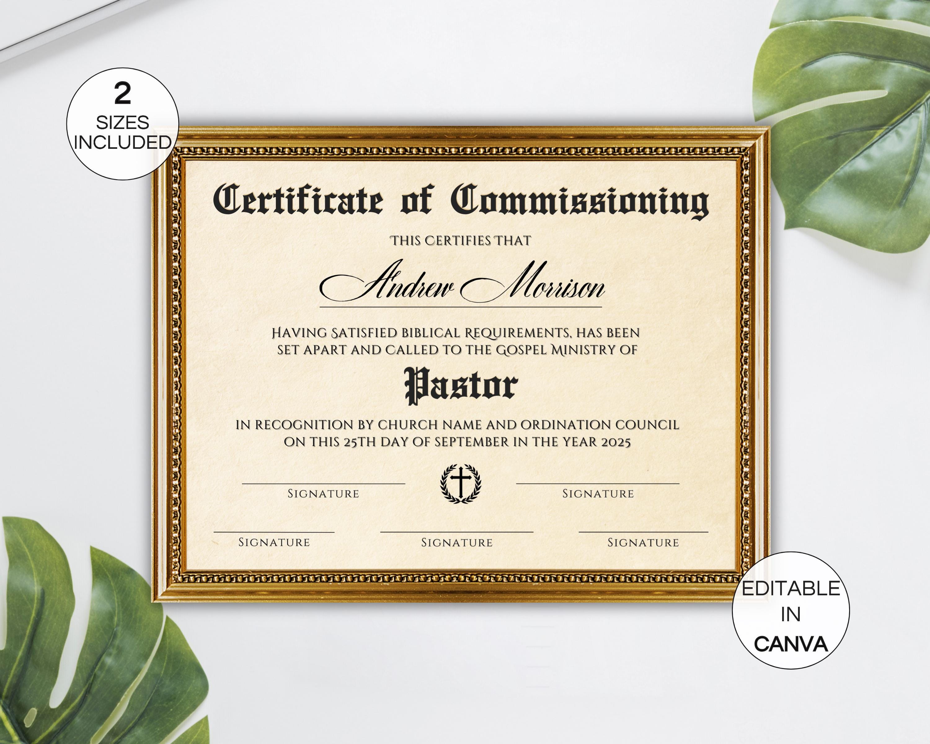 Pastor Commissioning Certificate, Editable Pastor Installation ...