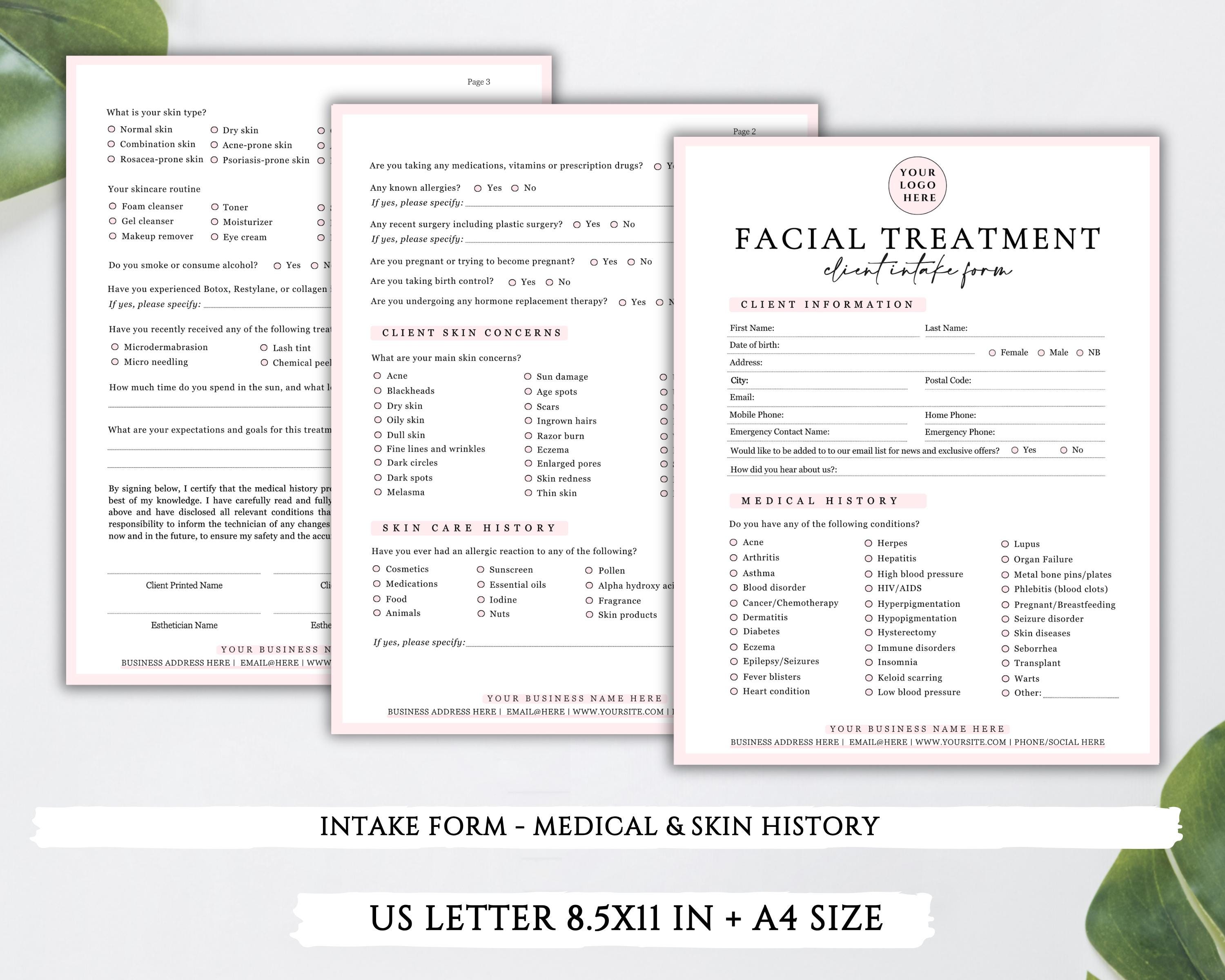 Facial Treatment Forms, Editable Facial Consultation Form, Printable ...