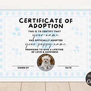 Editable Cat Dog Pet Adoption Certificate, Printable Pet Adoption Party ...