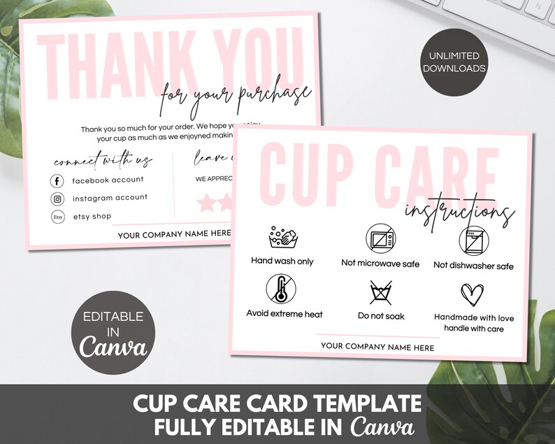 Cup Care Card, Printable Tumbler Care Instructions, Editable Canva ...