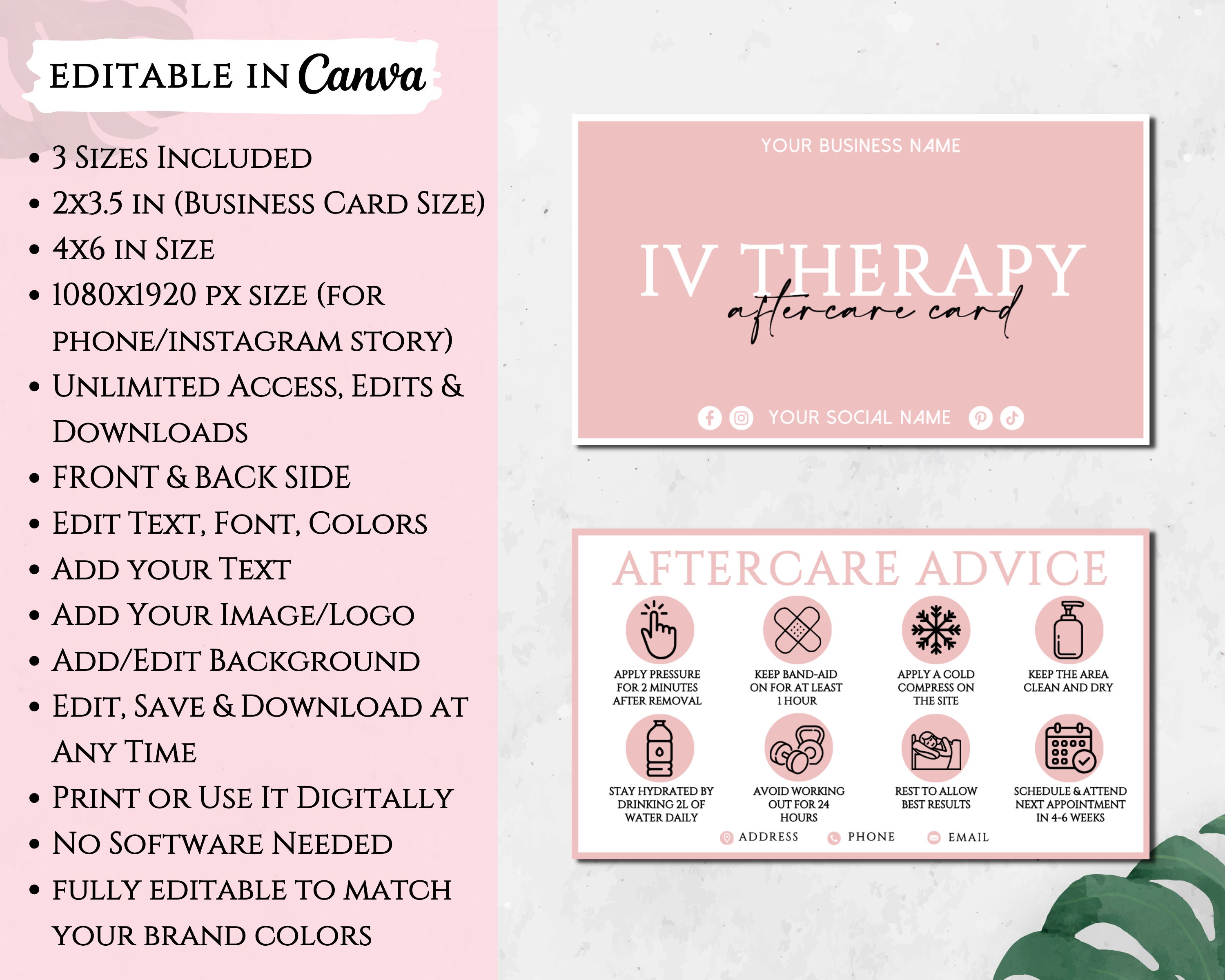 IV Therapy Aftercare Cards, Editable IV Hydration Care Card, Printable ...