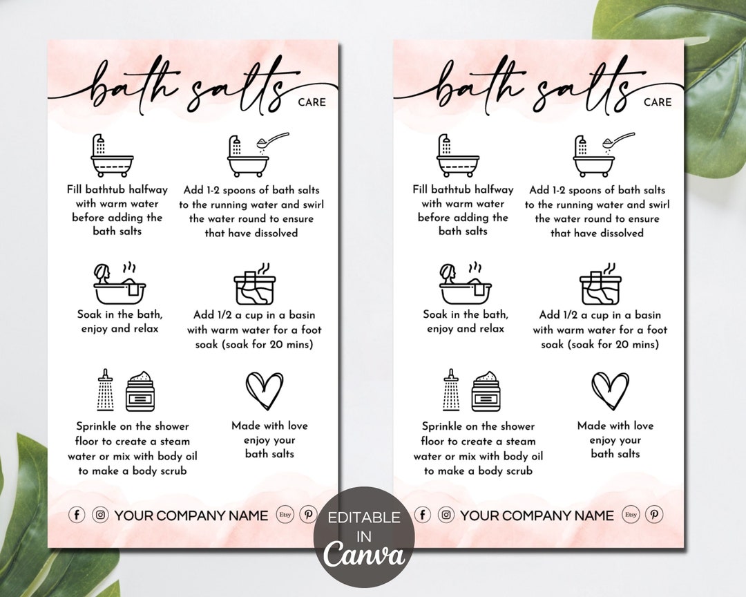 Bath Salts Care Card, Printable Bath Soak Instructions Cards, Editable ...