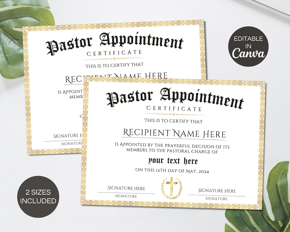 Pastor Appointment Certificate, Printable Certificates of Appointment ...