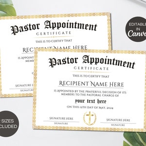 Pastor Appointment Certificate Template, Editable Certificate of ...