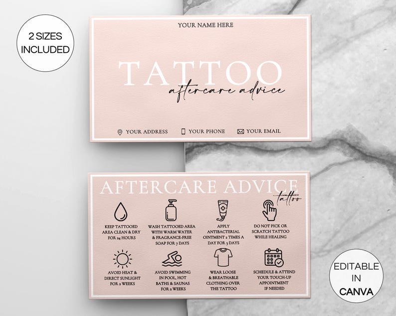 Tattoo Aftercare Instructions Card, Editable Tattoo Artist Care Cards ...