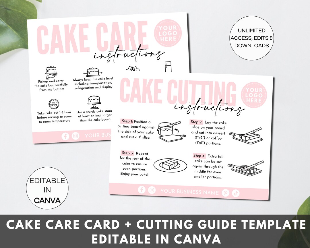 Cake Care Card Canva Template, Editable Cake Cutting Guide Cards ...