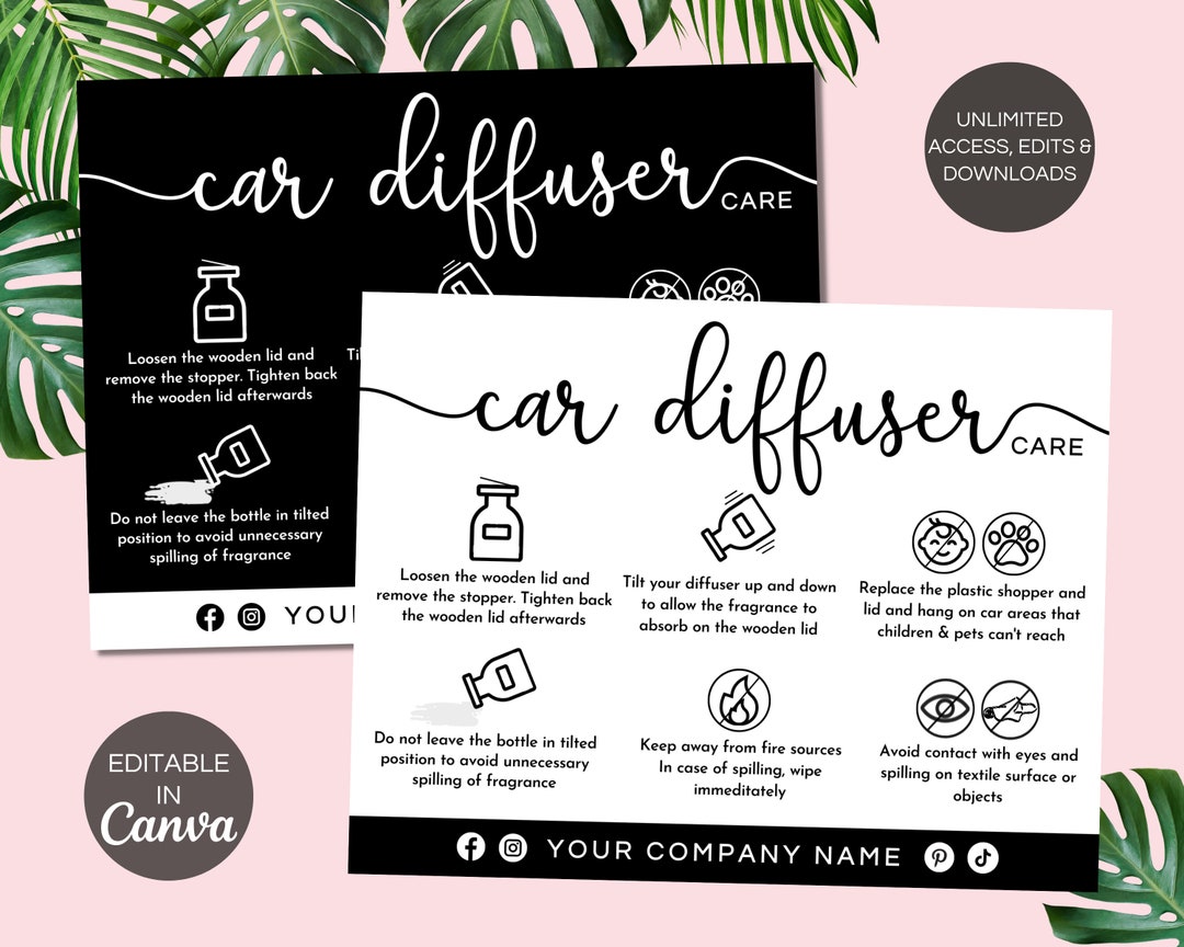 Car Diffuser Care Card Template, Car Diffuser Care Guide, Editable Oil ...