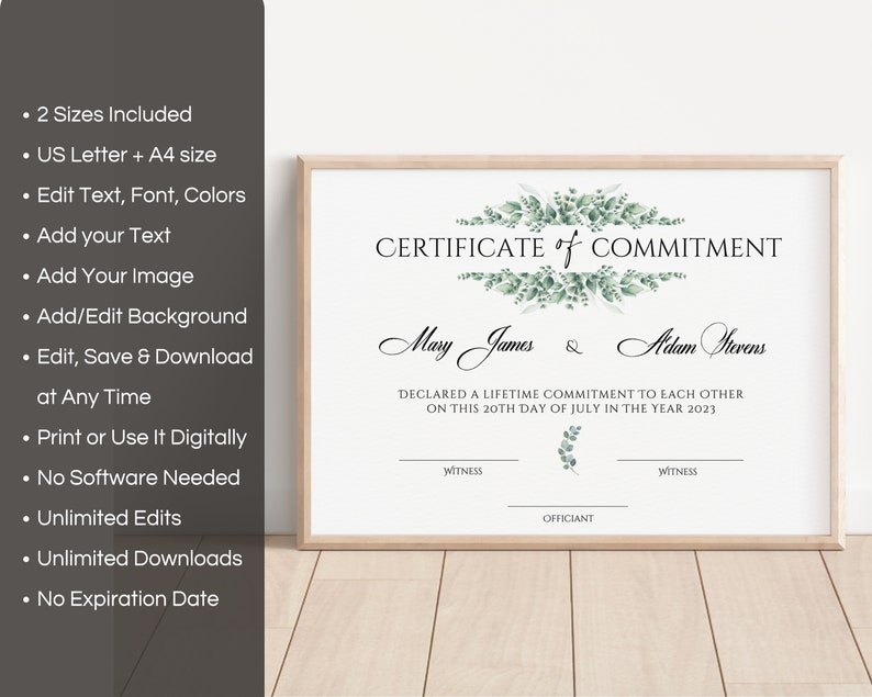 Certificate of Commitment Template Editable Commitment - Etsy