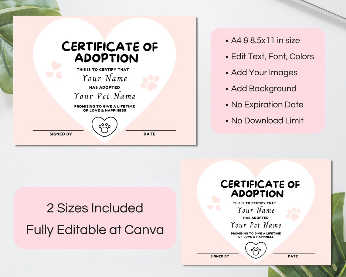 Pet Adoption Certificate Template Editable Certificate of | Etsy
