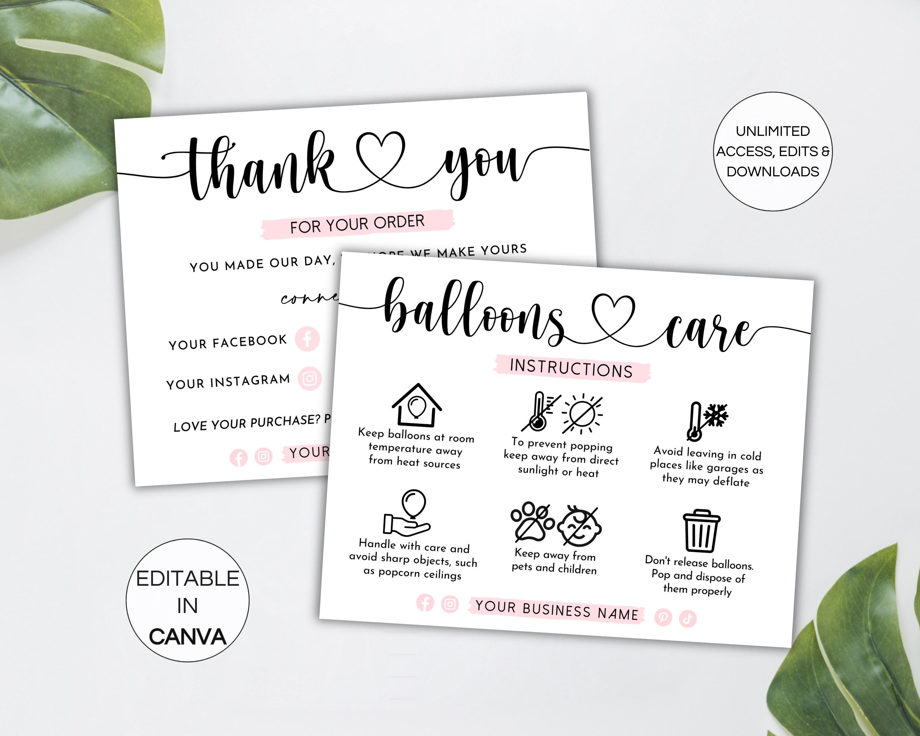 Balloon Care Card, Editable Balloons Care Instructions, Air Helium ...