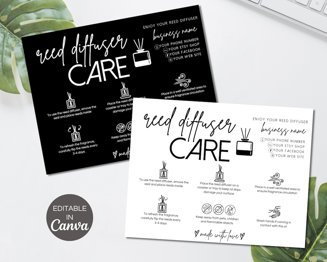 Reed Diffuser Care Card Template, Editable Reed Diffusers Instructions ...