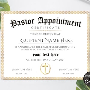 Pastor Appointment Certificate Template, Editable Certificate of ...