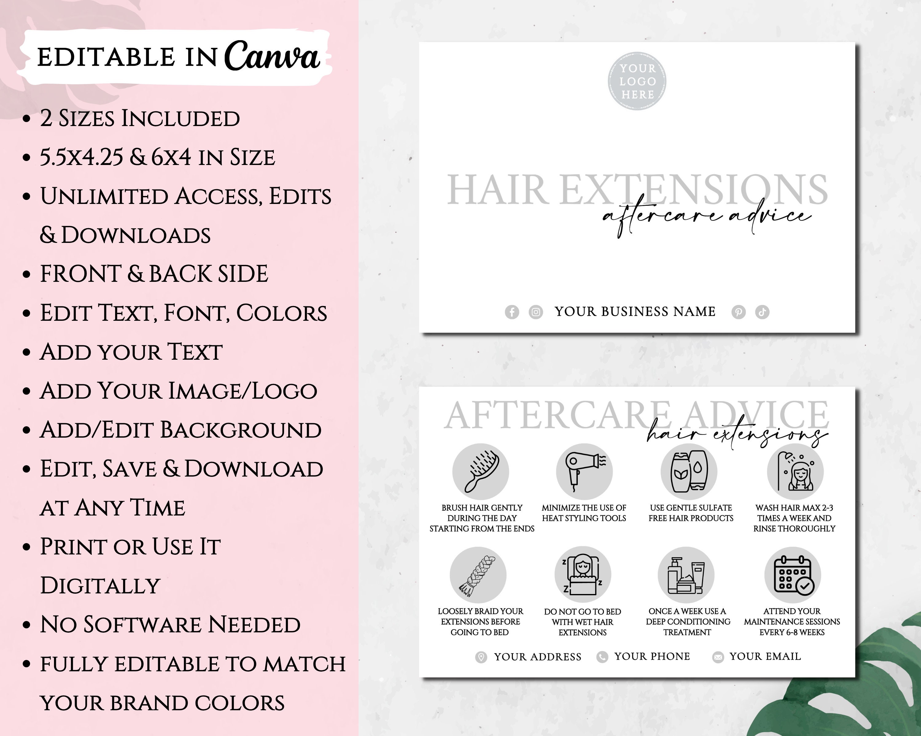 Hair Extensions Care Card, Printable Hair Extension Aftercare, Editable ...