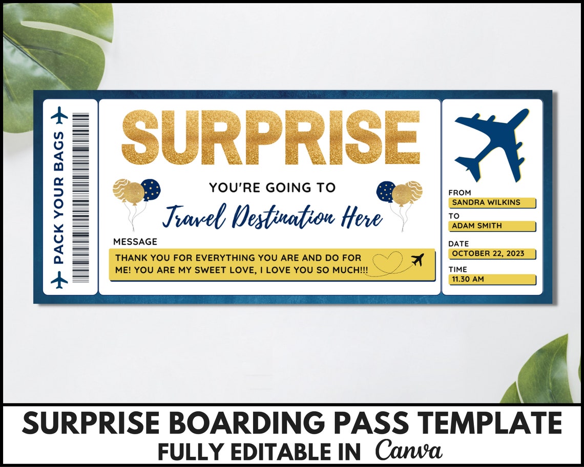 Surprise Boarding Pass Template, Editable Fake Plane Ticket, Vacation ...