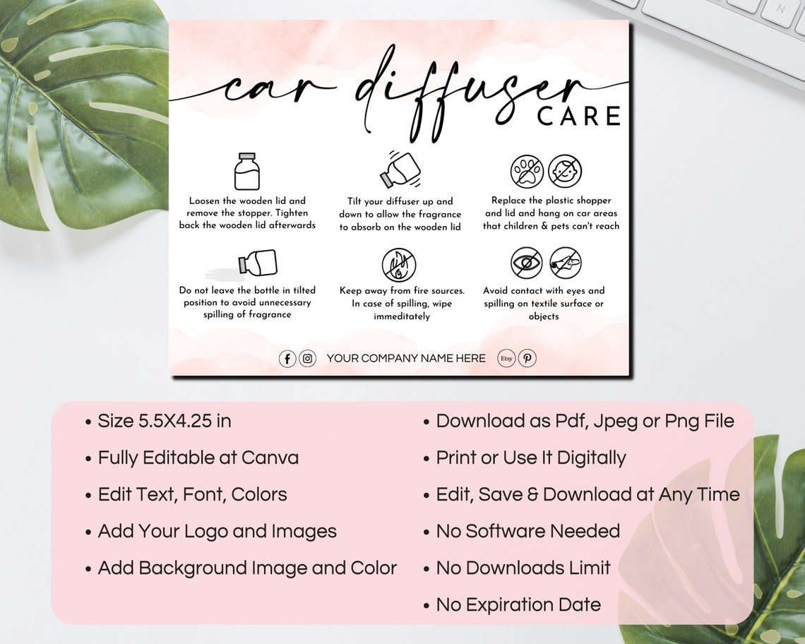 Car Diffuser Care Card, Printable Oil Diffuser Instructions Cards ...
