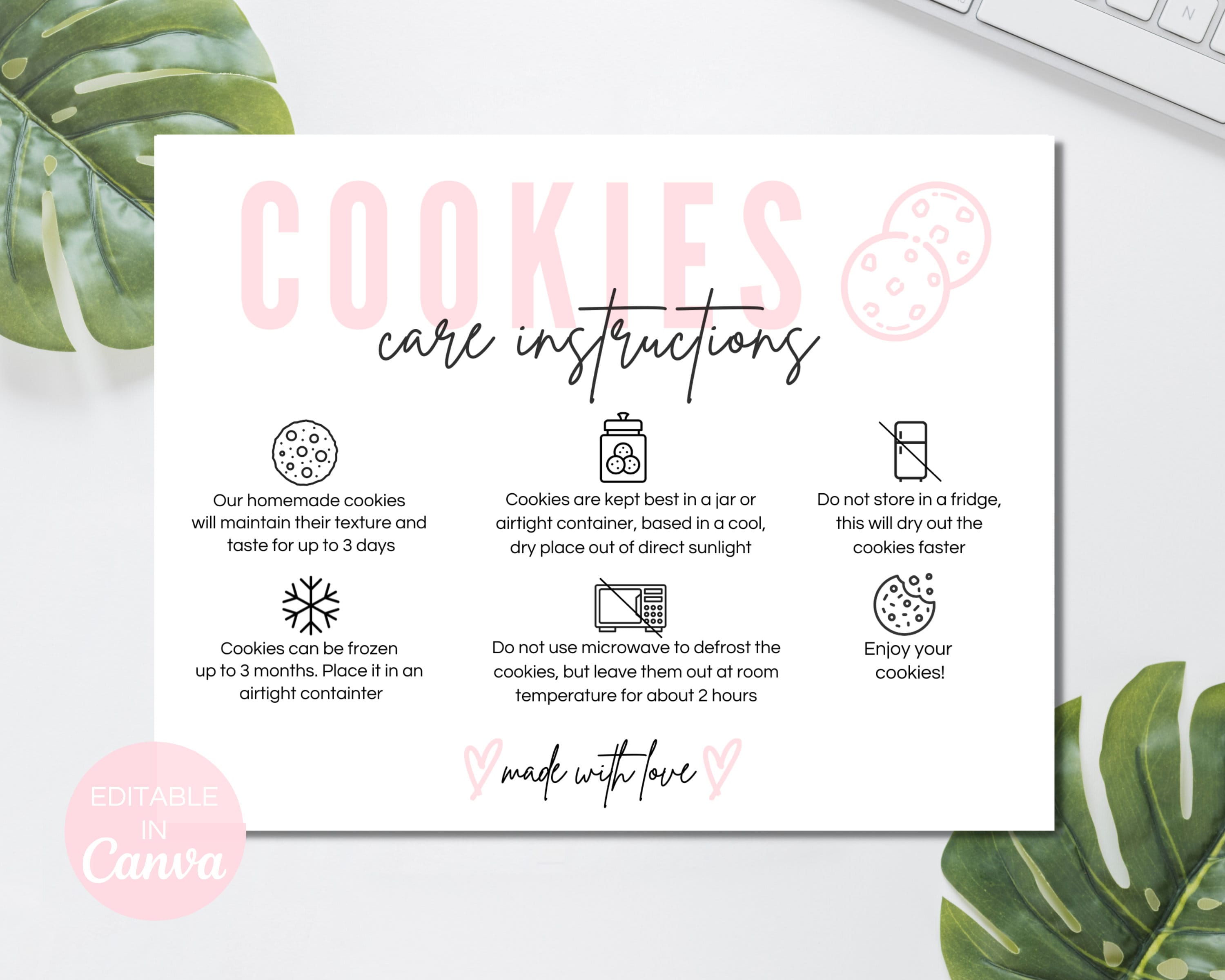 Cookie Care Card Template Canva Editable Cookie Package Care | Etsy