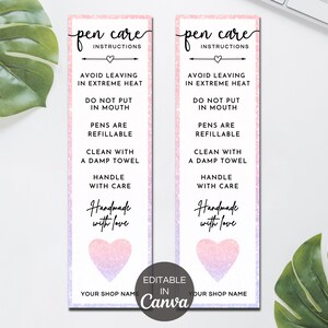 Pen Care Card Template, Editable Epoxy Pen Care Cards, Printable Gel ...
