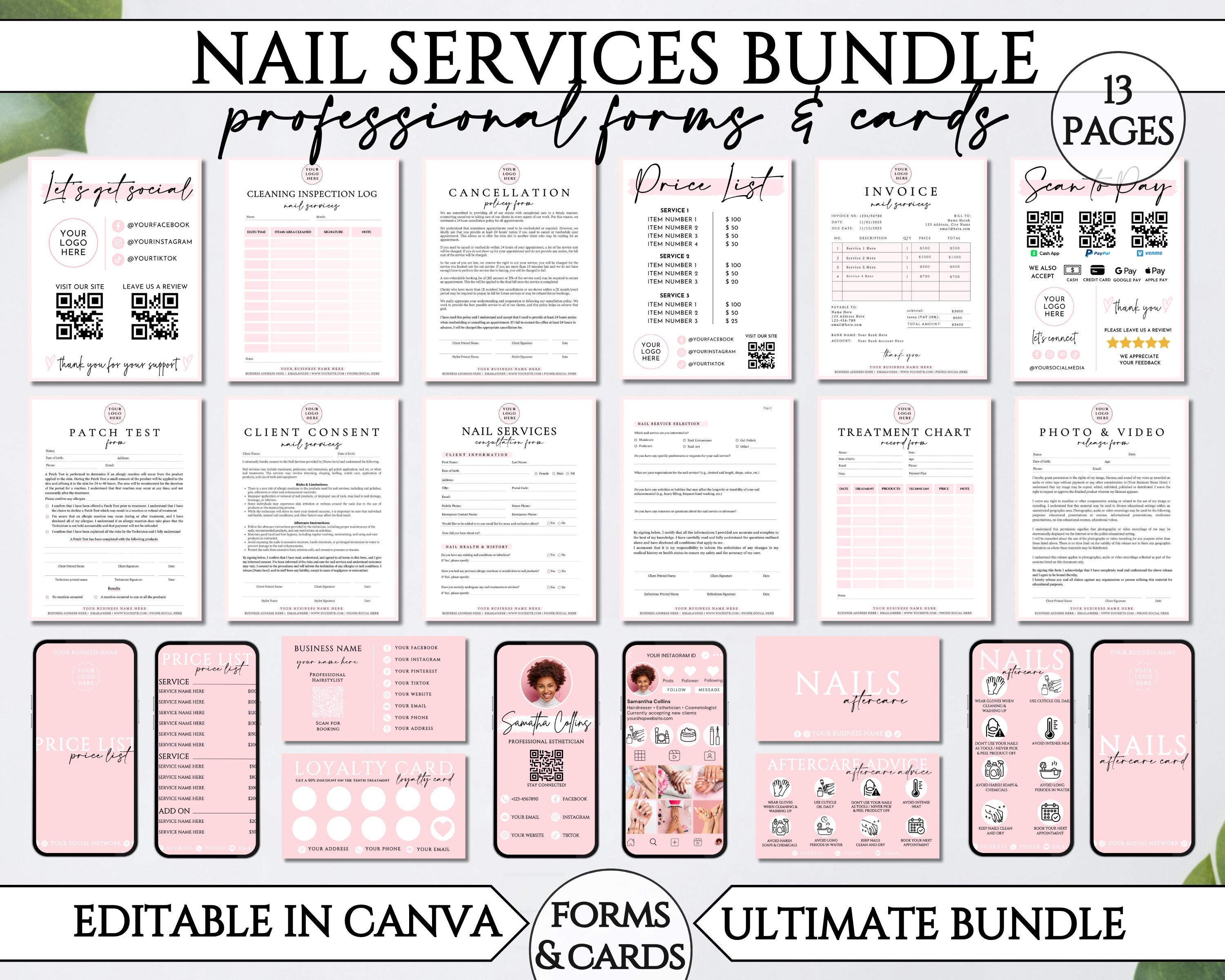 Nail Consent Form, Editable Nails Business Bundle, Nails Aftercare Card ...