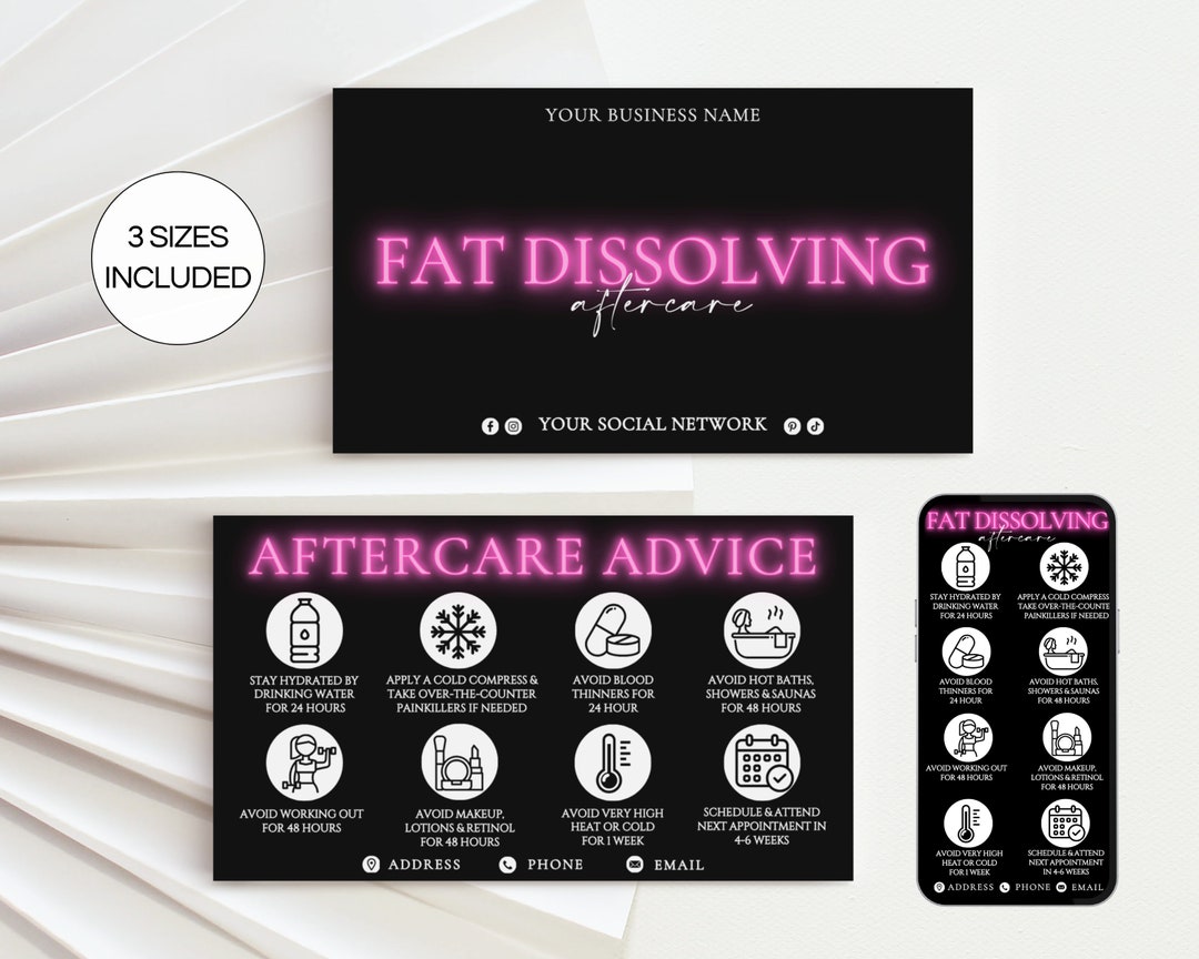 Editable Fat Dissolving Aftercare Cards, Printable Fat Injections Card ...