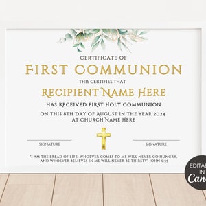 First Communion Certificate, Editable Chirch Template,printable First ...