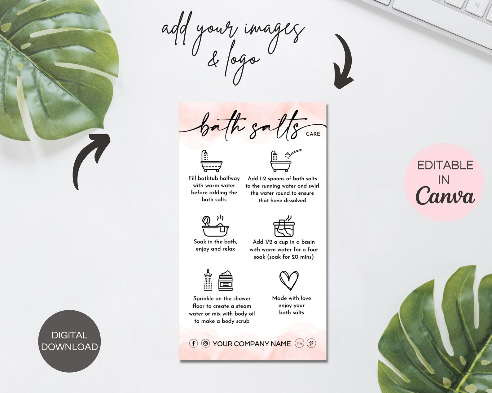 Bath Salts Care Card, Printable Bath Soak Instructions Cards, Editable ...