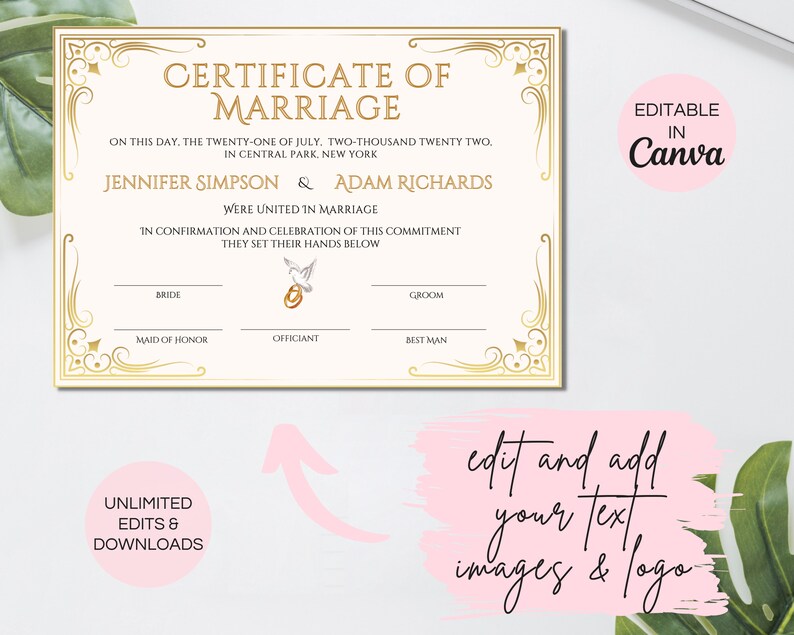 Wedding Certificate Template Editable Certificate of - Etsy