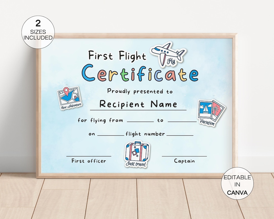 Editable First Flight Certificate for Kids, Toddler's First Flight ...