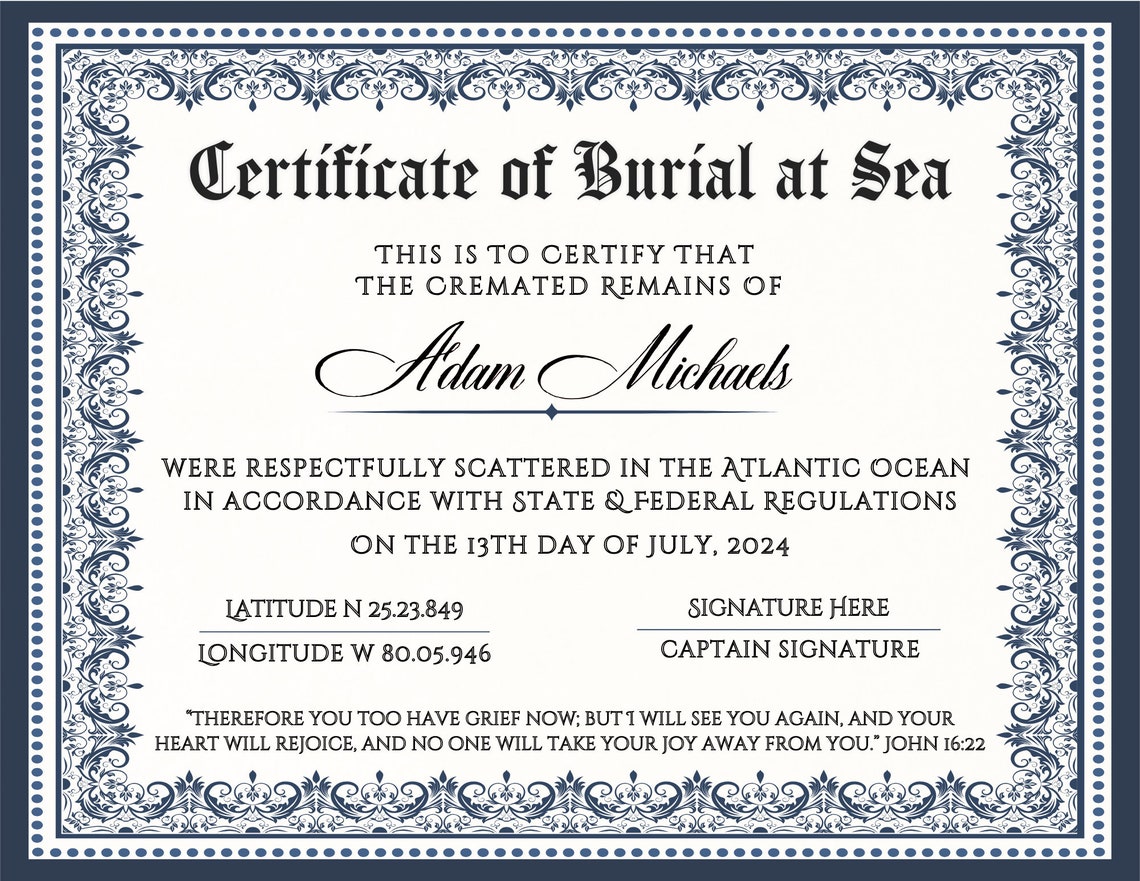Certificate of Burial at Sea Template, Editable Burial at Sea ...