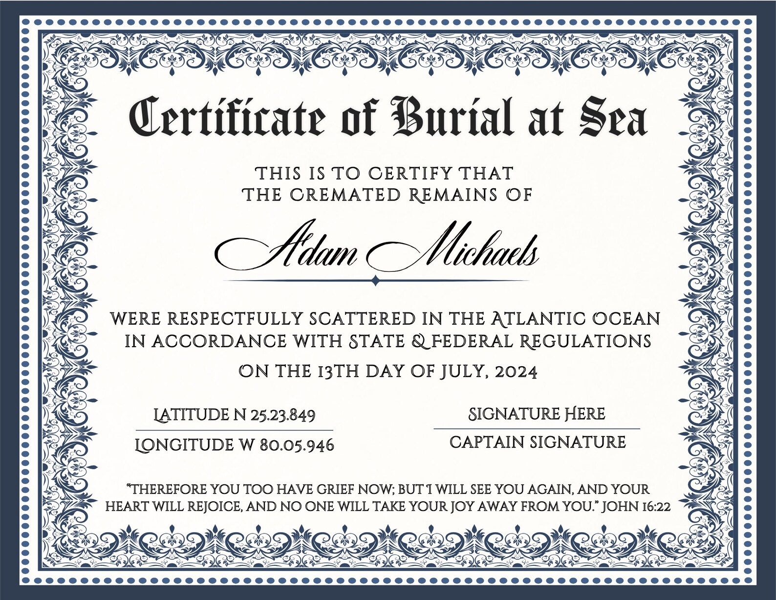 Certificate of Burial at Sea Template, Editable Burial at Sea ...