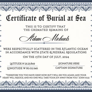 Certificate of Burial at Sea Template, Editable Burial at Sea ...