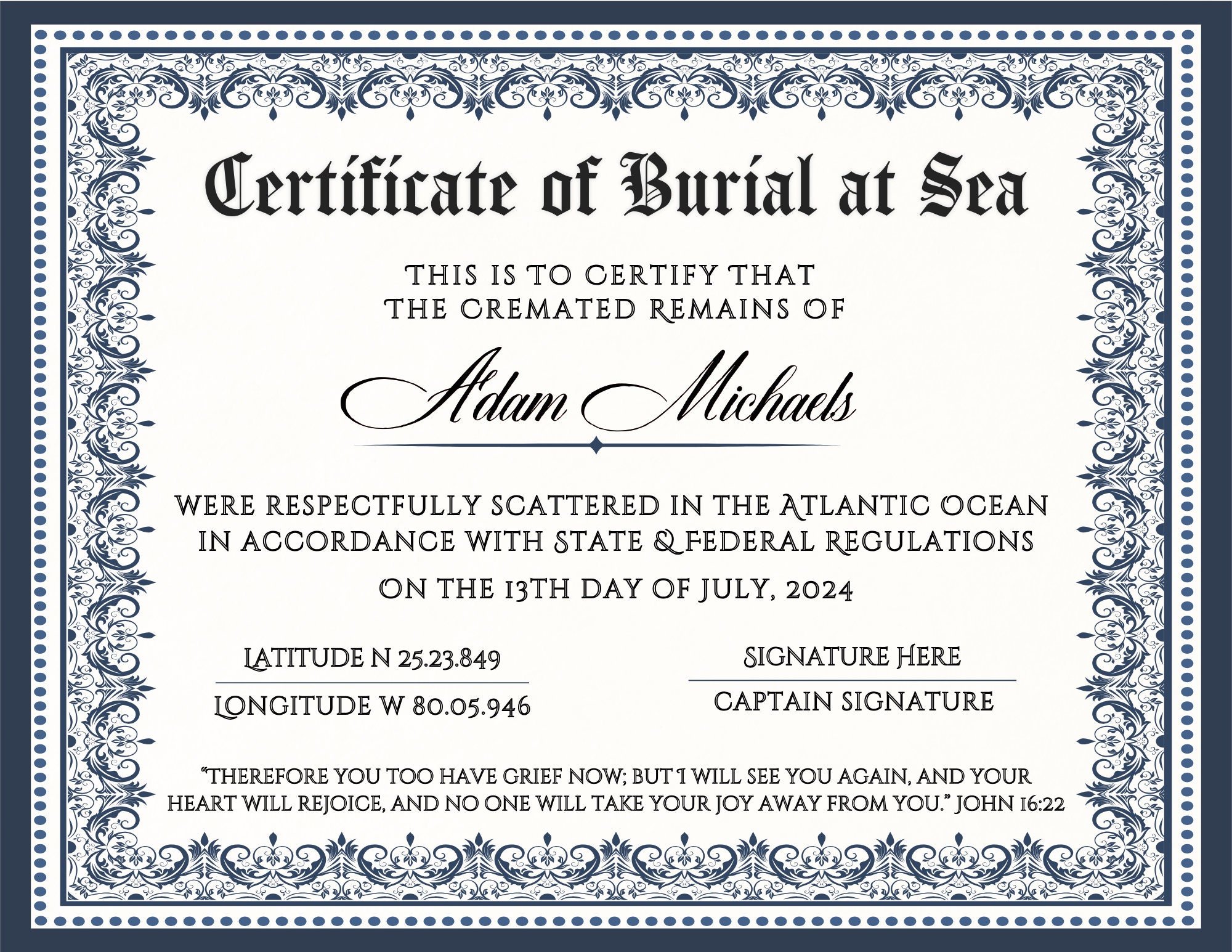 Certificate of Burial at Sea Template, Editable Burial at Sea ...
