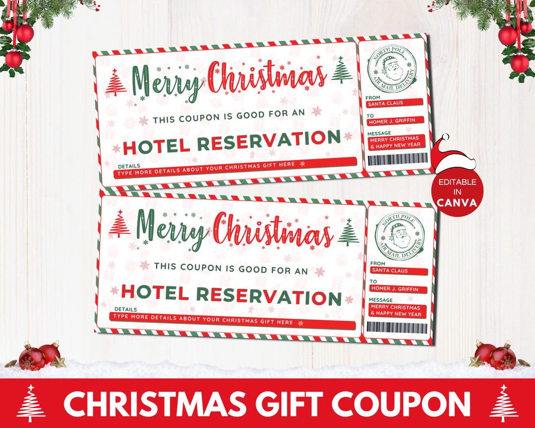 Christmas Hotel Reservation Coupon Template, Editable Christmas Hotel ...