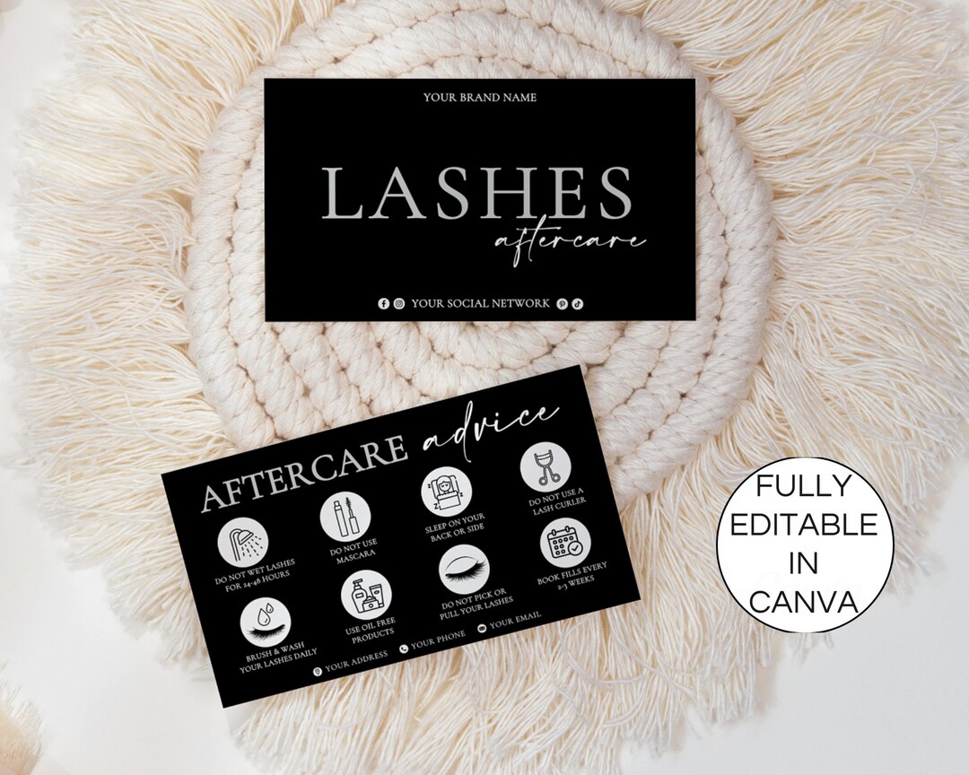 Lash Aftercare Card Template, Editable Lash Business Cards, Printable ...