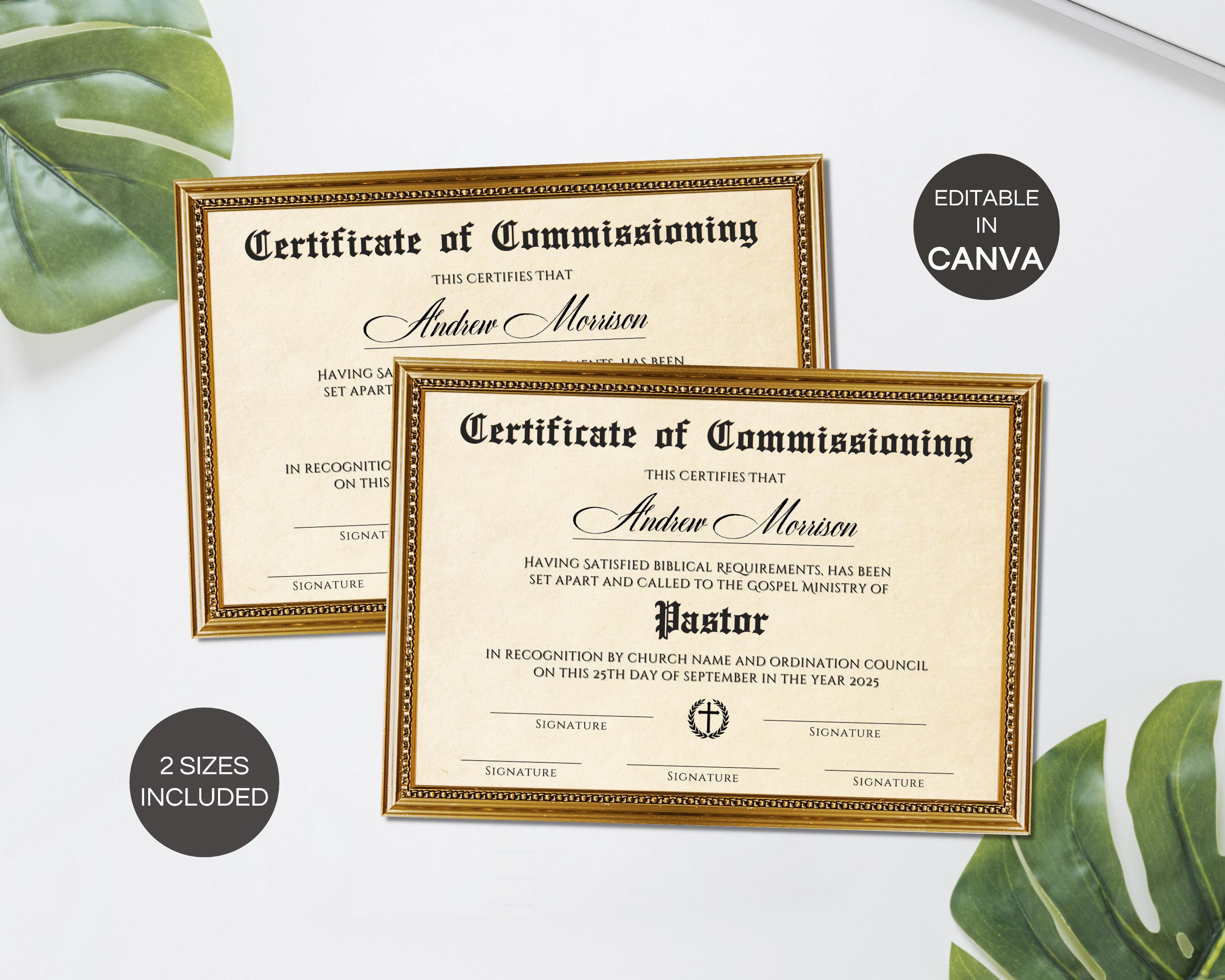 Pastor Commissioning Certificate, Editable Pastor Installation ...