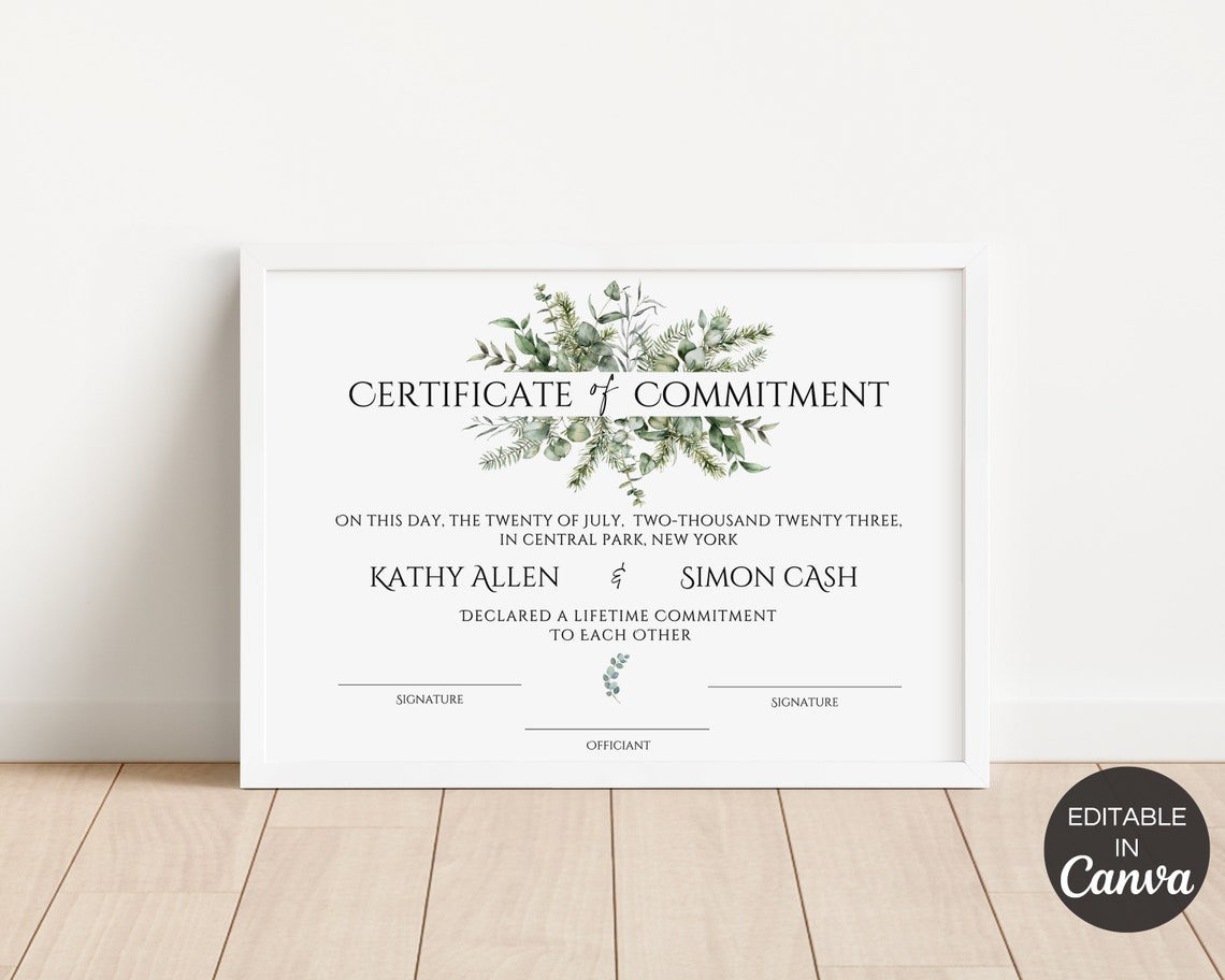 Certificate of Commitment, Printable Greenery Commitment Certificates ...