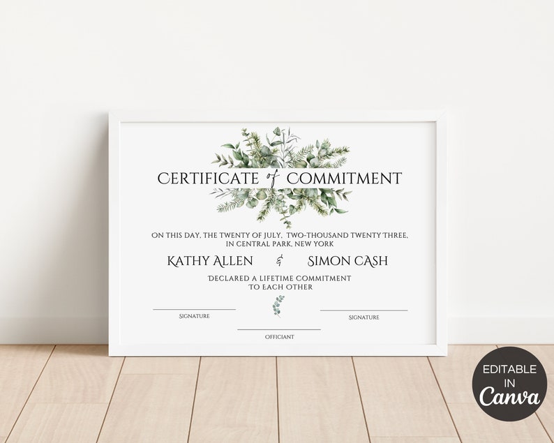 Certificate of Commitment, Printable Greenery Commitment Certificates ...