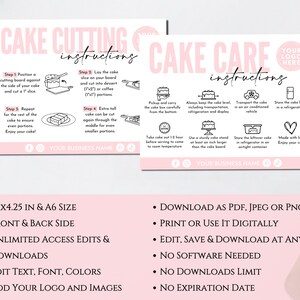 Cake Care Card Canva Template, Editable Cake Cutting Instructions Cards ...